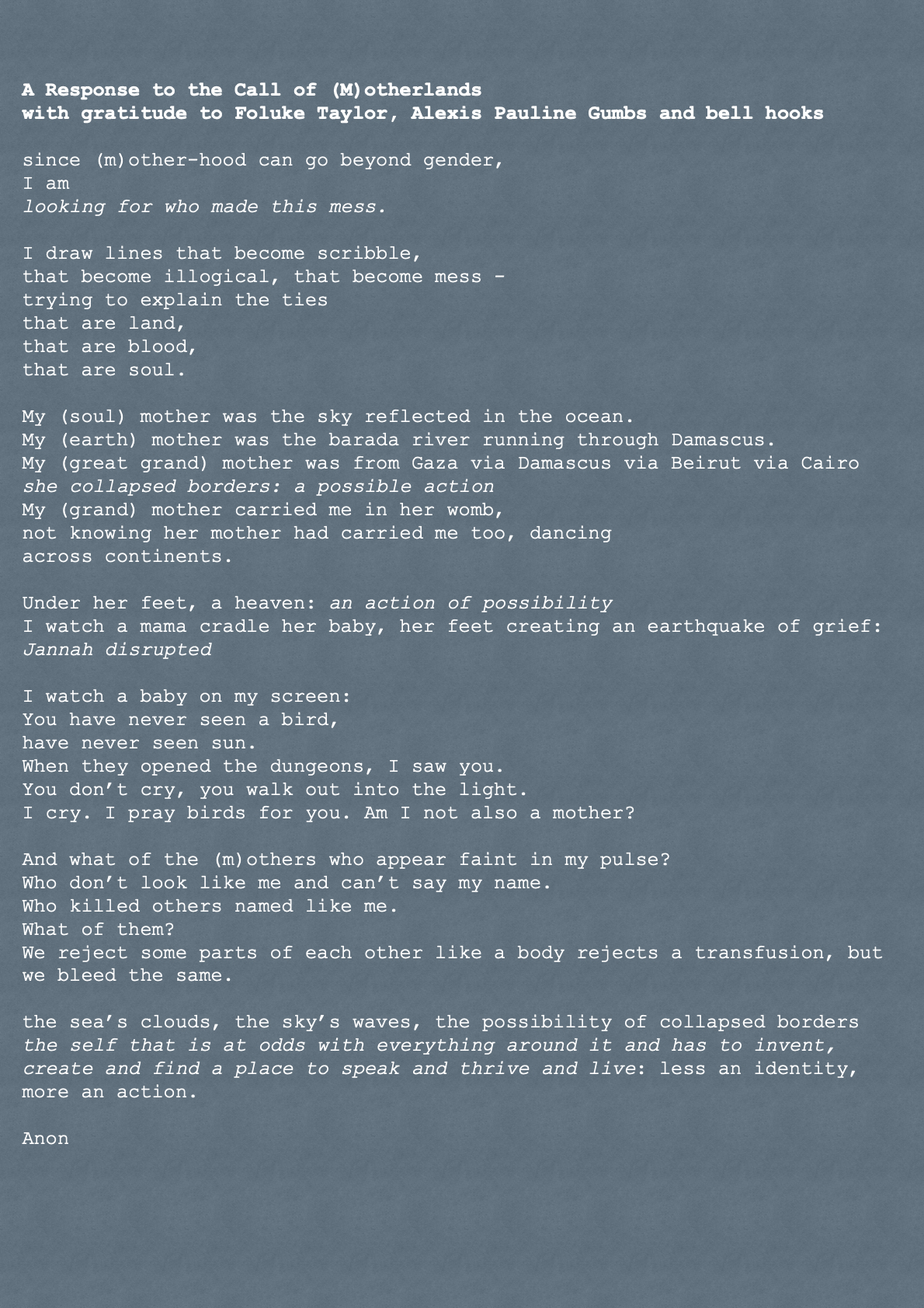 (M)otherlands (looking for who made this mess) – The Relational School